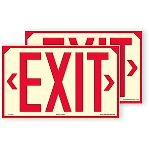 OSHA Photoluminescent Exit Sign | Pack of 2 | UV Inks on Aluminum | HEAT Resistant | COLD Tolerant | WEATHER Proof. NightBright USA Part: OCR-050 II