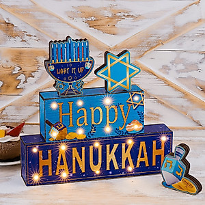 ANVAVO 5 Pieces Hanukkah Wooden Signs Happy HANUKKAH LIGHT IT UP Wooden Blocks Signs with LED Lights for Hanukkah Living Room Bedroom Tabletop Decorations