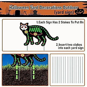 Halloween Decorations Outdoor Yard Signs, 5 Pcs Glow in the Dark Skeleton Cat, Halloween Yard Signs with Stakes for Lawn Garden Front Yard Decorations - Halloween Decor Outside