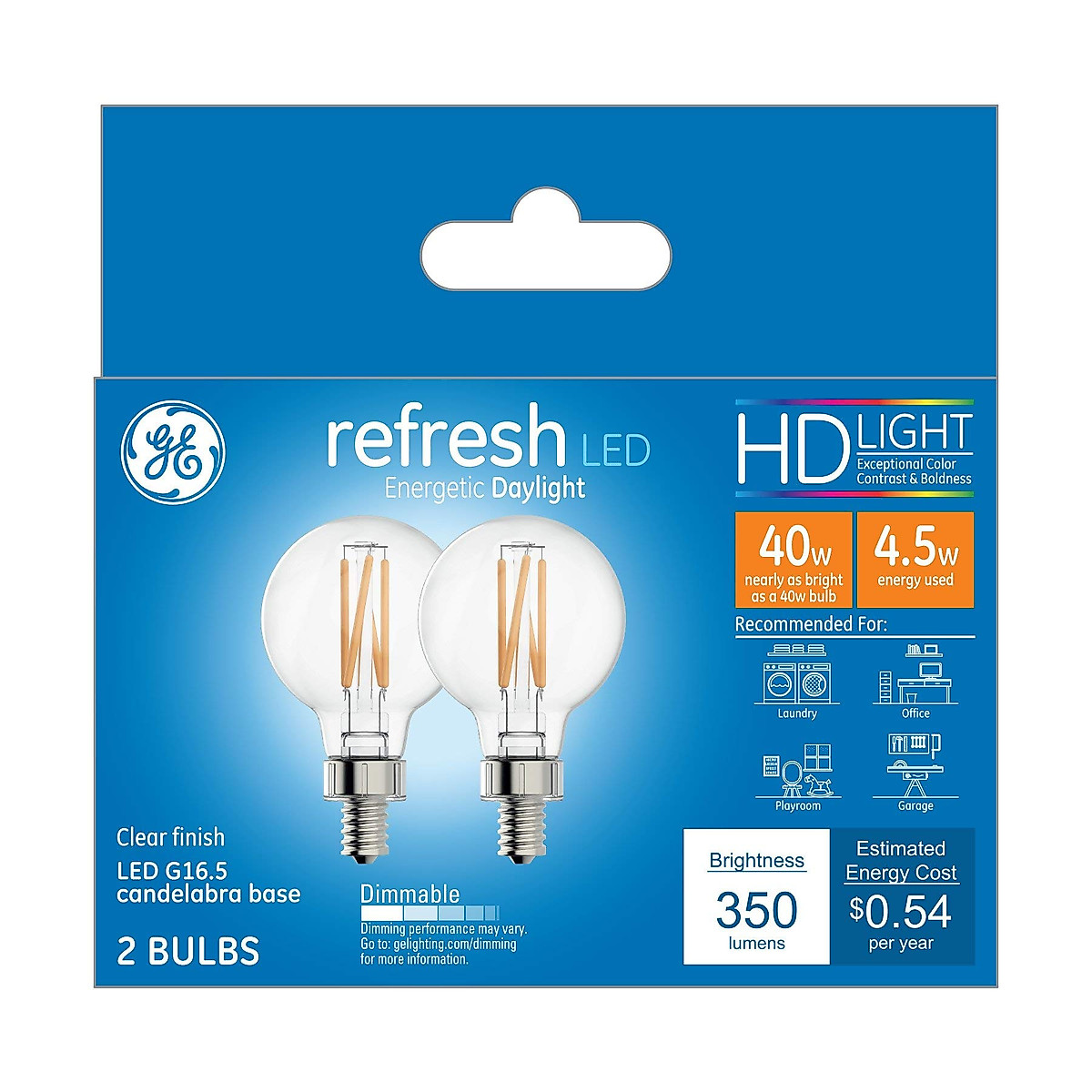 GE Refresh LED Light Bulbs, 40 Watt, Daylight, G16.5 Globe Bulbs, Small Base (2 Pack)
