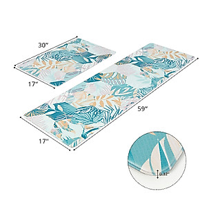 Kitchen Rugs 2 Piece Anti Fatigue Kitchen Floor Mats PVC Non Slip Waterproof Easy to Clean Kitchen Mats Set Floral Leaves Comfort Standing Kitchen Carpet (17.5"×30"+17.5"×59")