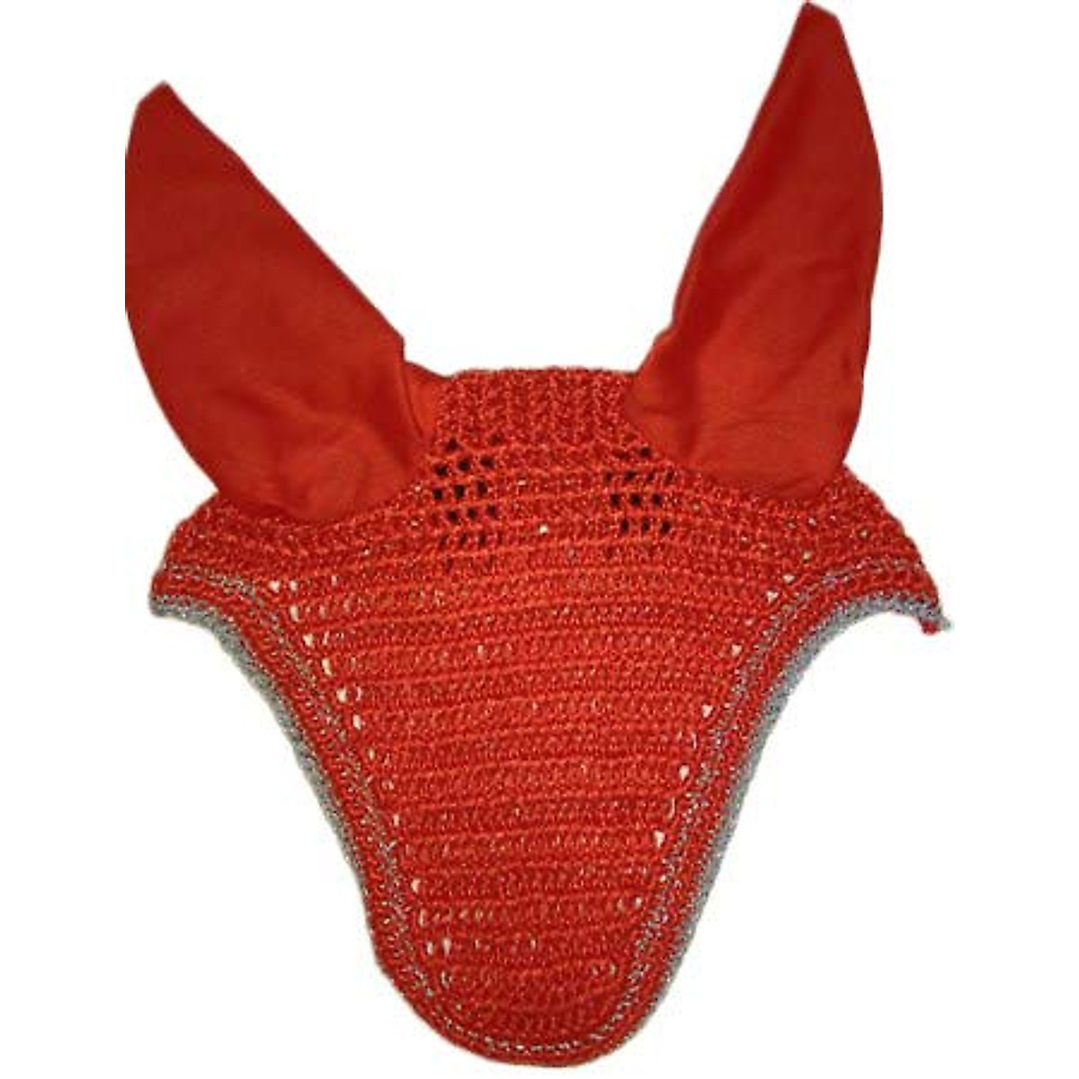 Avani Creations Horse Earnet Crochet Fly Veil Equestrian Fly Bonnet/Veil/mask Red Color with Silver Edges