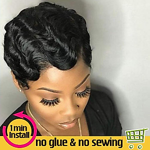 YOLANFAIRY Short Pixie Cut Wigs For Black Women Mommy Brazilian Finger Ocean Wave Remy Human Hair Cheap Wig For Party（Black 1B#）