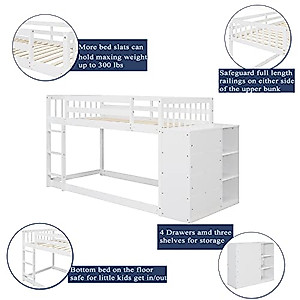 Full Over Full Bunk Bed with Storage Drawers and Shelves Wood Floor Bunk Beds with Cabinet for Kids Girls Boys, Teens, Adults, White