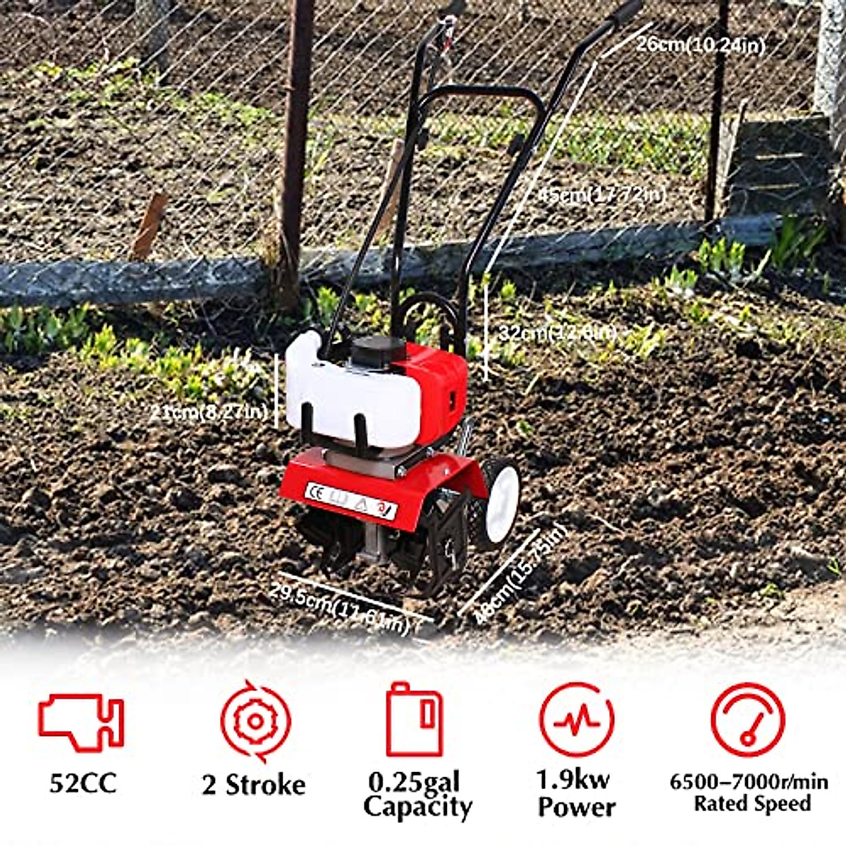 YIYIBYUS Garden Tiller/Cultivator 52CC 2-Stroke Gas Powered Hand Rotary Cultivator Rototiller Garden Tool Cordless with Long Handle