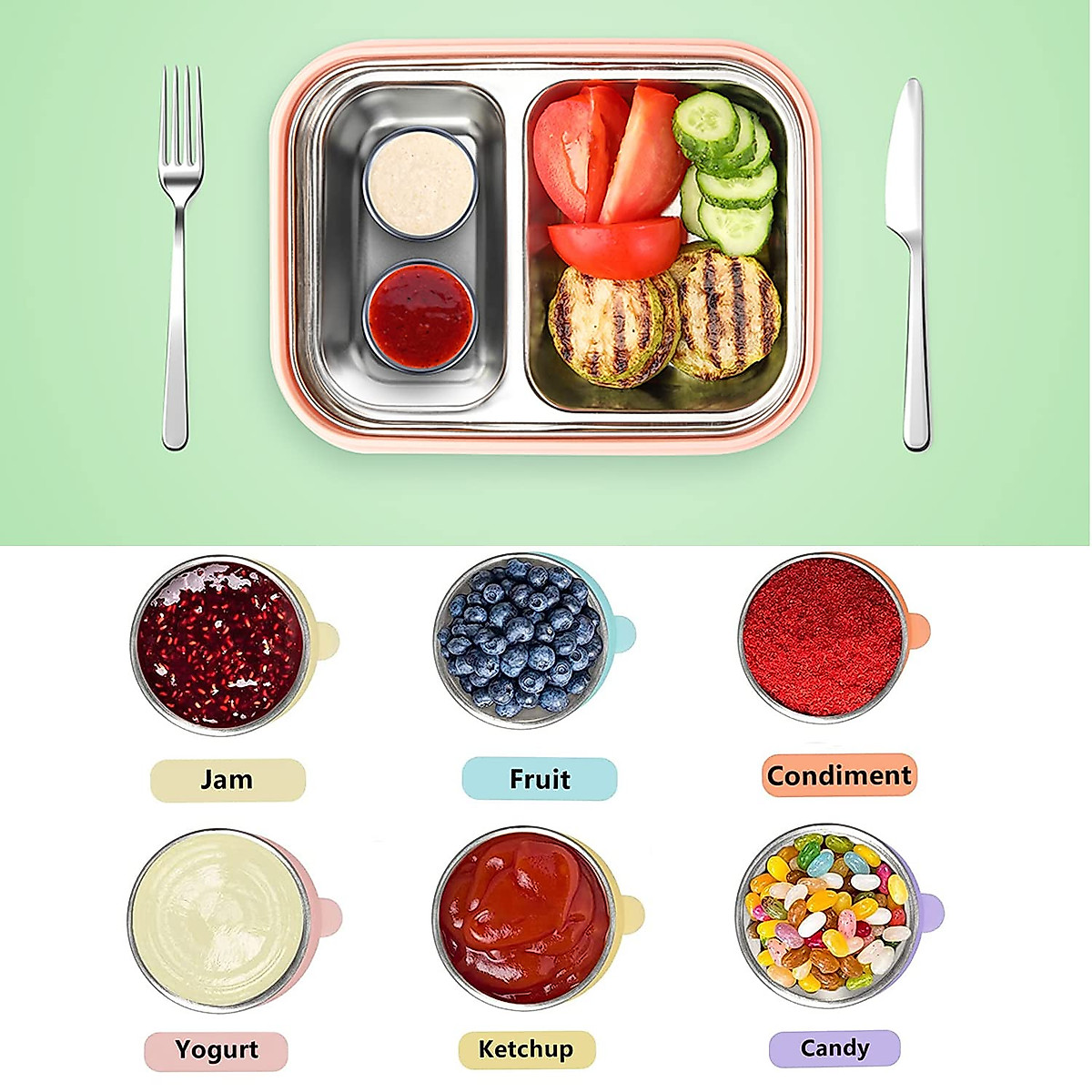 HOMMES Salad Dressing Container to Go, 6x2.4 oz Large Containers with Lids, Reusable Sauce Containers for Lunch Box, 18/8 Stainless Steel Condiment Cup, Easy to Open, Leakproof Dipping Sauce Cups