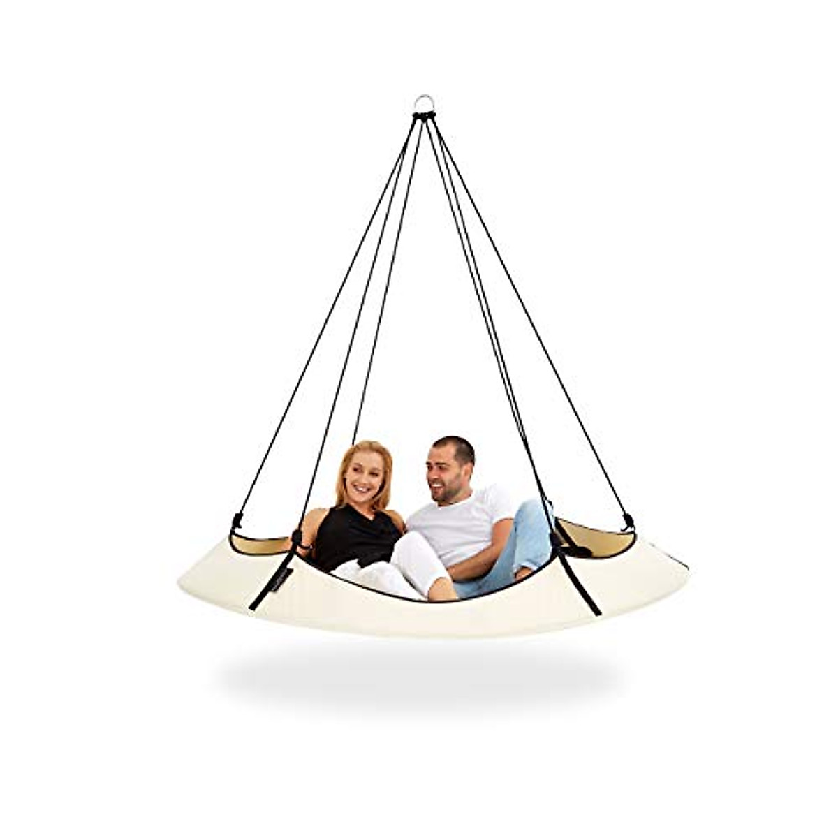 Hangout Pod Free-Hanging Transportable Circular Family Hammock Bed/Hanging Chair/Porch Swing for Garden, Deck, Lawn, Patio and Camping. Cream & Black