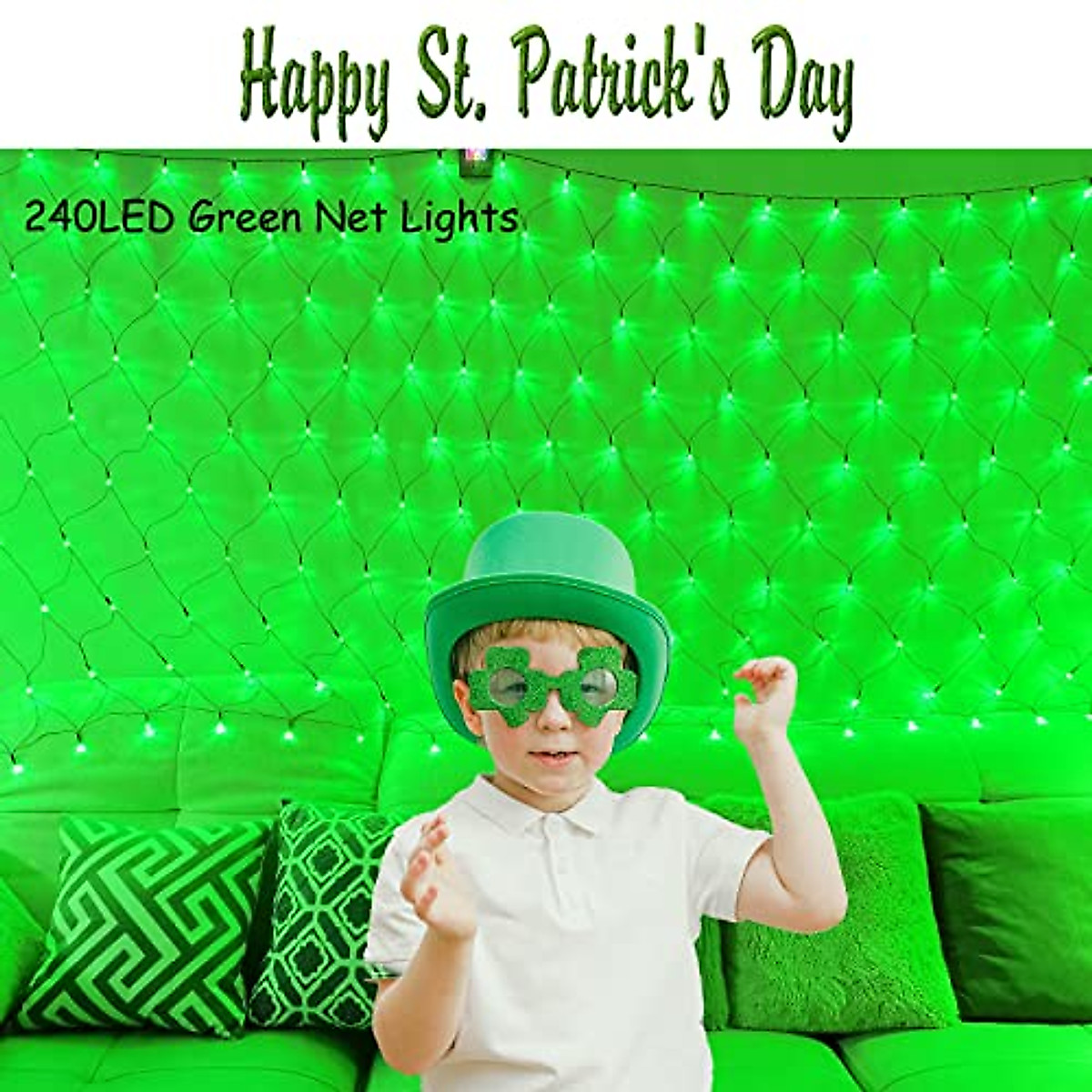 11.5ft x 5ft Solar Green Net Lights St Patricks Day Decorations, 240LED Outdoor Mesh Lights Waterproof 8 Mode with Remote 2 Power Supply String Lights for Bushes Trees Garden Wall Patio Indoor Decor