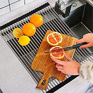 Roll Up Dish Drying Rack, Over The Sink Dish Drying Rack Kitchen Rolling Dish Drainer, Foldable Sink Rack Mat Stainless Steel Wire Dish Drying Rack for Kitchen Sink Counter (17.8"x11.8")