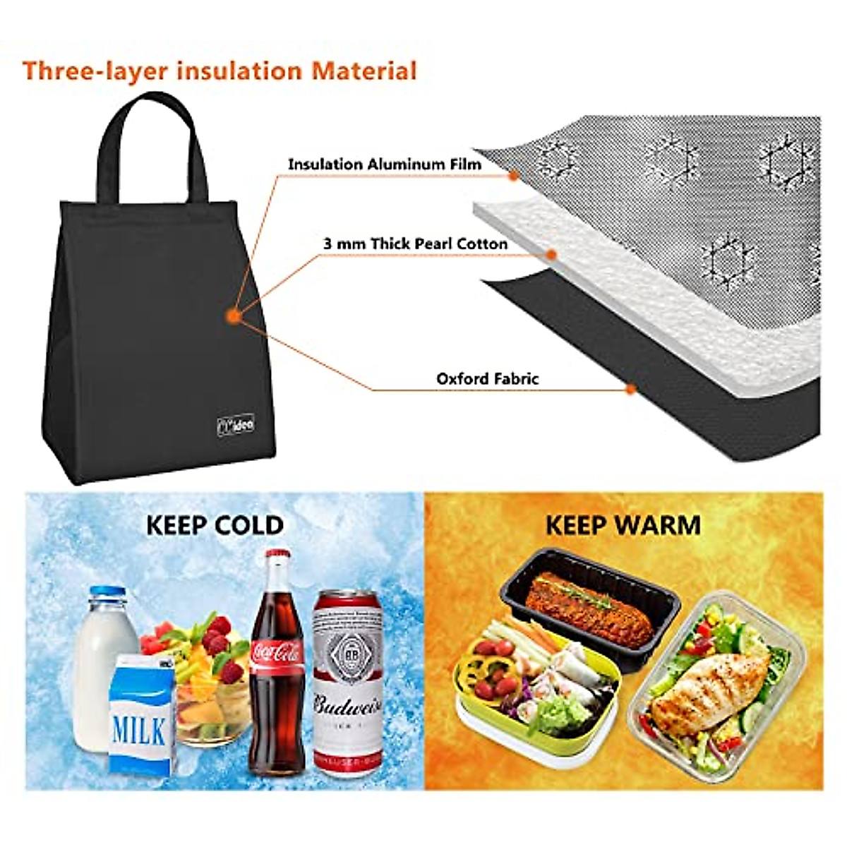 CCidea Lunch Bag for Women Men Kids, Simple Insulated Lunch Box, Reusable Lunch Boxes for School Work Travel (Black with Velcro)