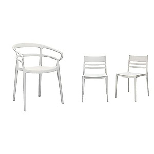Amazon Basics White, Curved Back Dining Chair-Set of 2, Premium Plastic & White, Armless Slot-Back Dining Chair-Set of 2, Premium Plastic