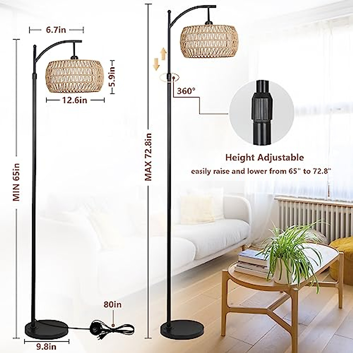 Arc Floor Lamp with Remote Control, Dimmable LED Floor Lamp with 3 Color Temperature, Black Standing Lamp with Rattan & Fabric Double Drum Shade, Boho Farmhouse Tall Pole Lamp for Living Room Bedroom