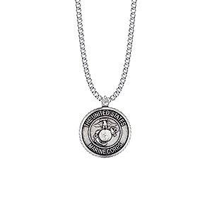 True Faith Jewelry United States Marine Corps Medals, Pendant Necklace With 24 Inch Stainless Steel Chain Rhodium Plated, Gifts For Men 1-1/8” Sterling Silver