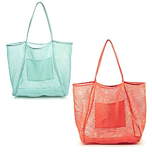 Mesh Beach Tote Womens Shoulder Handbag (Ice Blue, Coral)