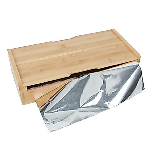 Calsign Plastic Wrap Dispenser with Cutter Bamboo 2 in 1 Aluminum Foil Organizer and Wax Paper Holder for Kitchen Drawer Compatible with 12" Roll Parchment Paper Cling Wrap Reusable Dual Organization
