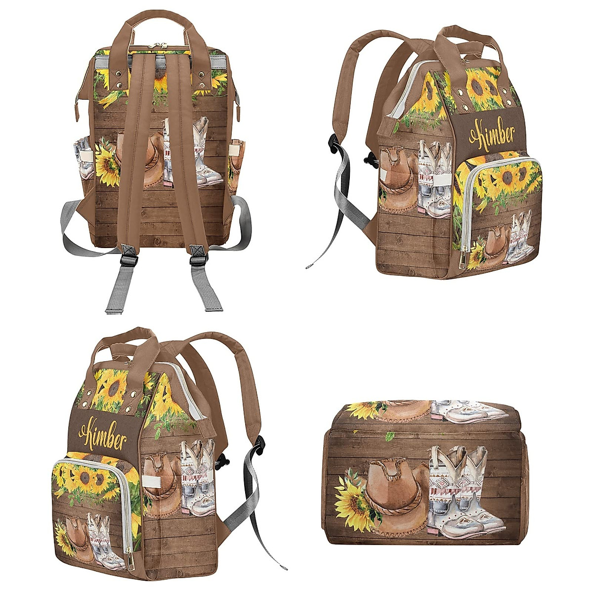 Sunflower Wood Cowboy Hat Boot Personalized Diaper Backpack with Name,Custom Travel DayPack for Nappy Mommy Nursing Baby Bag One Size