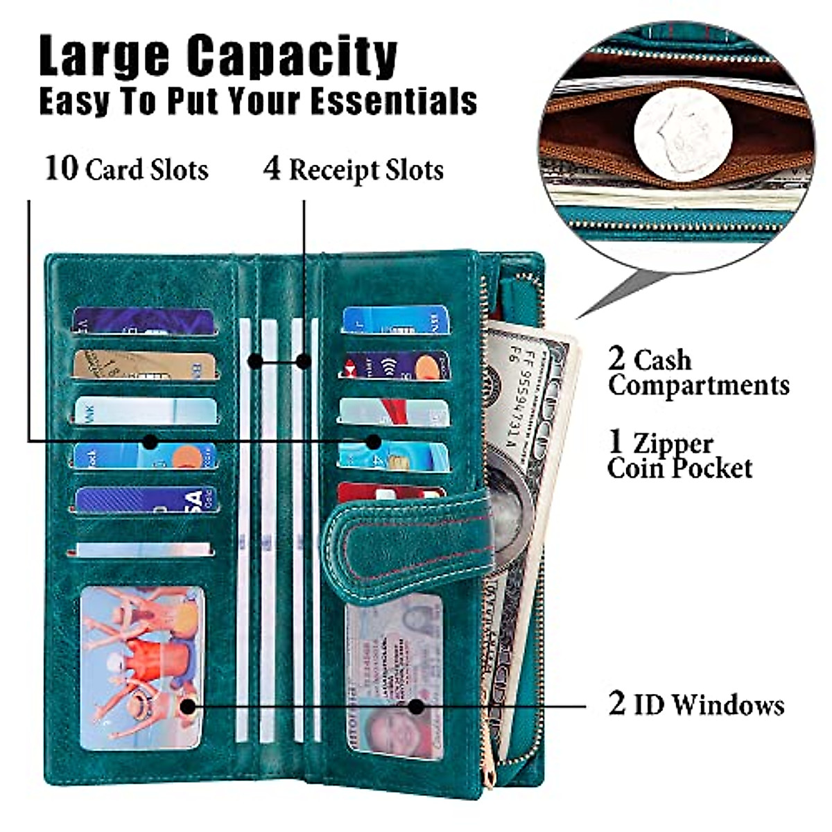 CILLA Womens Leather Wallet Large Capacity Bifold Ladies Zipper Clutch Credit Card Holder With Coin Pouch Oil Wax Design (Turquoise Green)