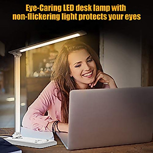 Lapeort LED Desk Lamp, Eye-Caring Dimmable Table Lamps, Portable Office Lamp with USB Charging Port, 5 Lighting Modes, Timer Function, Touch Sensitive Control for Reading, Study, Working