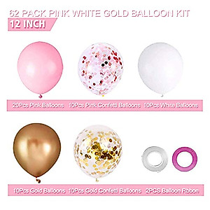 OuMuaMua 62Pcs Pink Gold Confetti Latex Balloons Kit, 12 Inch Pink White Gold Helium Balloons Party Supplies for Confession Proposal Wedding Girl Birthday Baby Shower Party Decoration