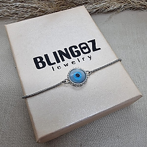 Blingoz Evil Eye 925 Silver Plated Bracelet for Luck and Protection (8 MM Coin Bracelets)
