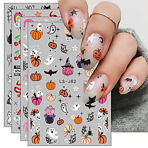 JMEOWIO 9 Sheets Halloween Nail Art Stickers Decals Self-Adhesive Pegatinas Uñas Pink Skull Ghost Witchy Spider Web Bat Pumpkin Horror Spook Nail Supplies Nail Art Design Decoration Accessories