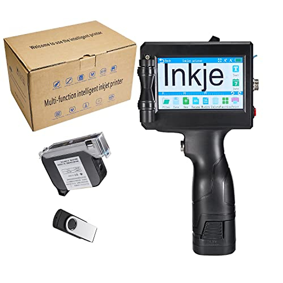 Handheld Inkjet Printer Print with 4.3 Inch HD LED Touch Screen Portable Labeler for QR-Code Barcode Date Logo Batch Text Surface on Glass Plastic Box Bag Wood Paper Black Ink Height 0.08~0.5 inch