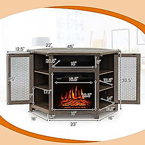 COSTWAY Fireplace Corner TV Stand for TVs Up to 50 Inches, Modern Electric Fireplace Entertainment Center with Remote Control, 3 Brightness, Overheat Protection (Gray)