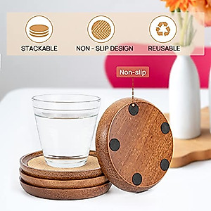 Wooden Drink Coasters,4 Cup Coasters for Drinks Absorbent Cork Coasters Set,Large Natural Wood Stackable Reusable Coasters for Home Office Coffee Bar Table,Rustic Gifts for New Home Friends (4 Pack)