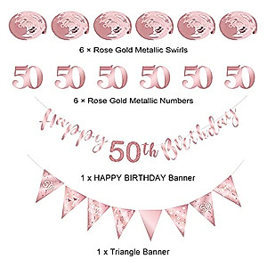 Rose Gold 50th Birthday Decoration for Girls, Happy 50th Birthday Banner Bunting Swirls, Triangle Flag Banner for 50 Birthday Party Decorations Supplies