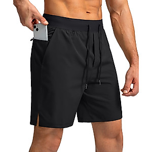 Men's Running Shorts with Zipper Pockets 7 Inch Lightweight Quick Dry Gym Athletic Workout Shorts for Men (Black, M)
