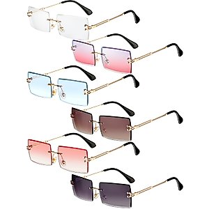 Weewooday 6 Pairs Rimless Rectangle Sunglasses for Women Men Vintage Chic Frameless Square Glasses Unisex Glasses Eyewear(Chic Colors)