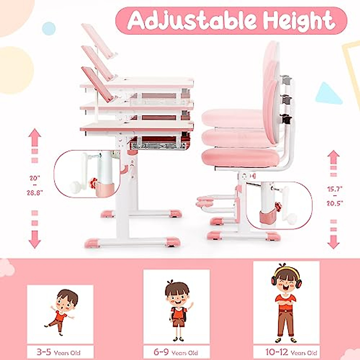 Costzon Kids Desk and Chair Set, Height-Adjustable Student Study Desk with Tiltable Desktop, Book Stand, Ergonomic Chair with Footrest, Writing Table & Chair Set for Boys Girls (Pink)