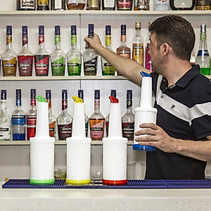 Trendy Bartender Color Coded Flow N Stow Juice Bottles (32oz / 1 Quart, Set of 4) – Commercial Grade Bar Pourers with Spout and Lid for Effortless Mixing, Pouring, and Storage