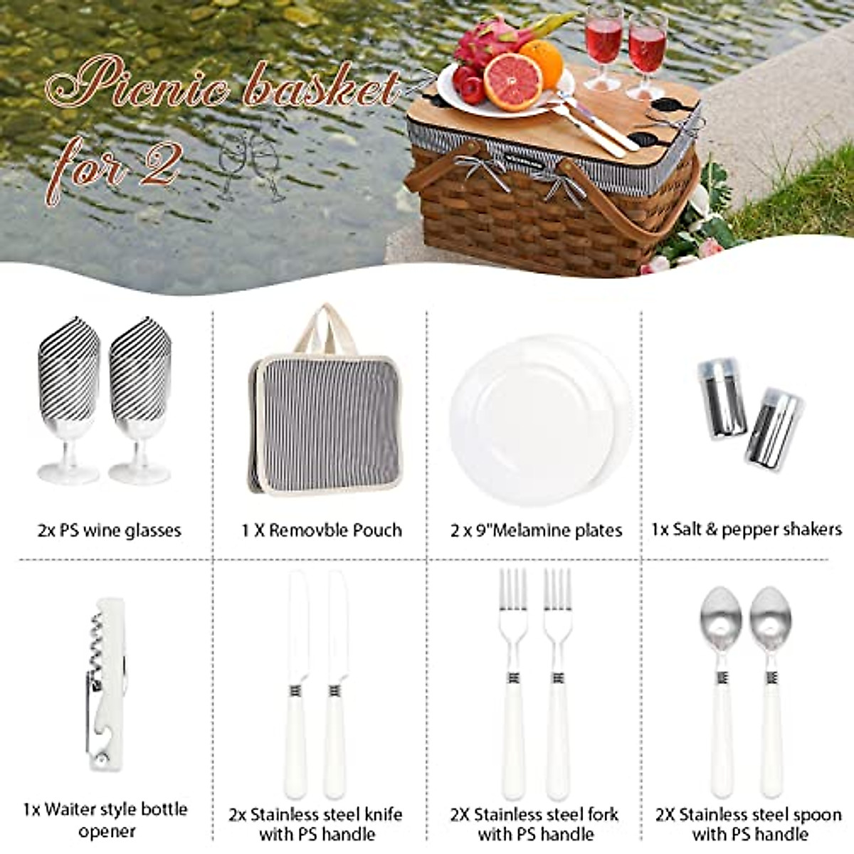 Picnic Basket Set for 2, Handmade Woodchip Basket with Wine Table & 2 Wooden Handles, Cutlery Service Kit, Best Gift for Couple, Valentine's Day,Christmas, Birthday, Wedding, Outdoor, Camping. 2P-Grey