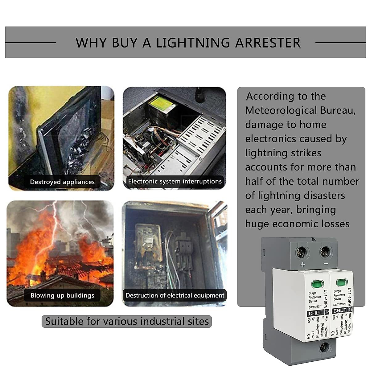 2P Surge Arrester Device, DC Protector Breaker Device 1000V DC Voltage PC Flame Retardant Shell Low Voltage Arrester 3.0KV Lightning Photovoltaic Charge Controller (2P 40KA)