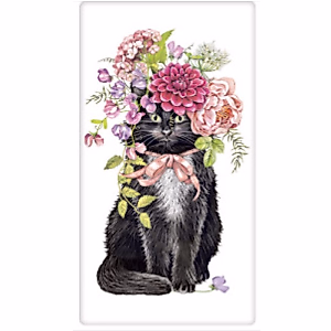 Mary Lake-Thompson BT690 Black Cat Flowers Flour Sack Towel 30 Inches Square Screened Design Lower Center Only