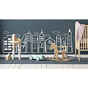 Doodled City Skyline Wall Decal- Cityscape Vinyl Stickers for Bedroom Living Room Kids Room Nursery Home Decor-White