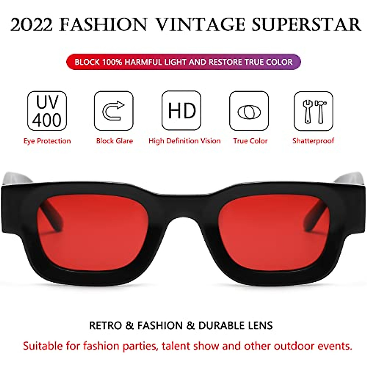 AIEYEZO Modern Thick Rectangle Sunglasses for Women Men Retro 90s Chunky Square Polarized Sunnies (Black/Ocean Red)