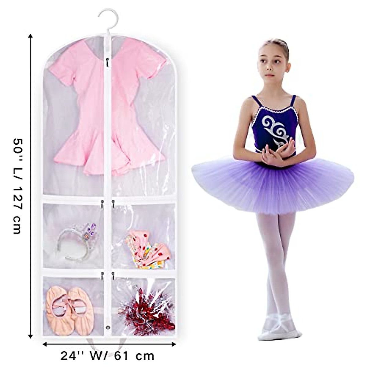 SLEEPING LAMB Clear Garment Bag for Dance Costume Kids 50 Inch Hanging Clothes Cover for Closet Storage With 4 Large Zipper Pockets for Ballet, Theatre, Competitions, 3 Packs, White