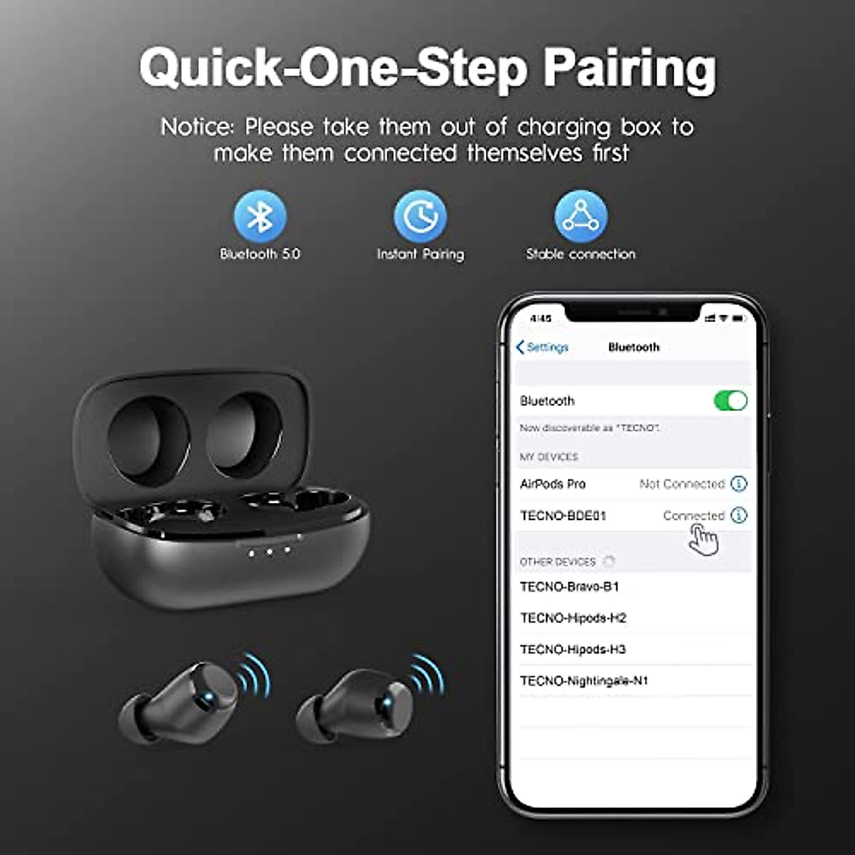 Tecno True Wireless Bluetooth Earbuds with Microphone, CVC 8.0 Environmental Noise Cancellation Headphones and Deep Bass, Low Latency Earbuds Built-in Mic, Waterproof Touch Control, BDE01