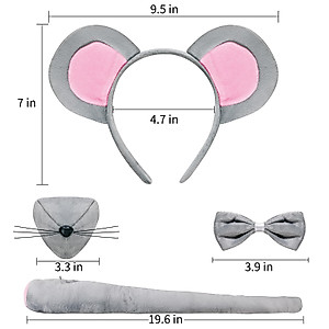 CASW Mouse Costume Ears-Headband-Tail-Nose-Bow-Tie Accessories Set : Standing Up Grey and Pink Ears Headband and Tail, Bow Tie Mouse Halloween Accessories Set - for Toddlers and Kids