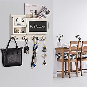 ikkle Key Holder for Wall Mail Organizer with Key Hooks, Mail Holder Wall Mount, Wood Key Hanger Rack for Wall Decorative Entryway Hallway Kitchen 14.5X 9.5 (Rustic White)