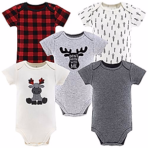 The Peanutshell Short Sleeve Baby Bodysuits Set for Boys or Girls - Woodland Animal & Buffalo Plaid - 5 Pack Set (18M)