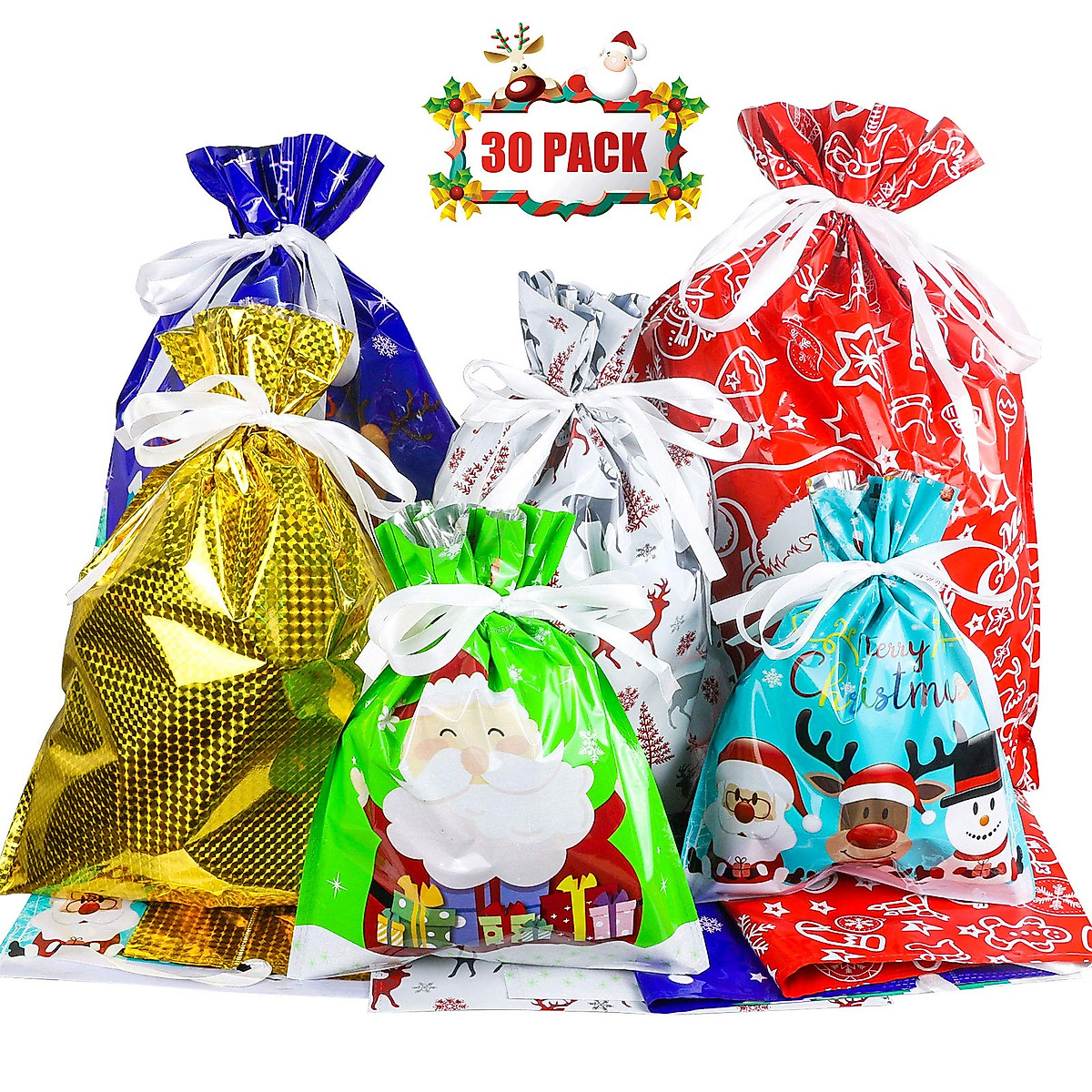 FATHABY Holiday Christmas Drawstrings Gift Bags, 30PCS Assorted Christmas Wrapping Bags, 6 Different Patterns for Christmas Goodie and Treat Bags for Birthday Christmas Party (Yellow) (Gray)