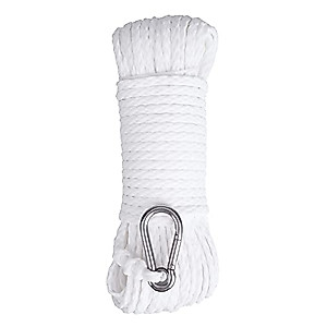 MARINE SYSTEM Made PP Hollow Braid Anchor Line Polypropylene 1/4 inch 50FT 100FT with Stainless Steel Spring Hook, White (1/4" x 50')