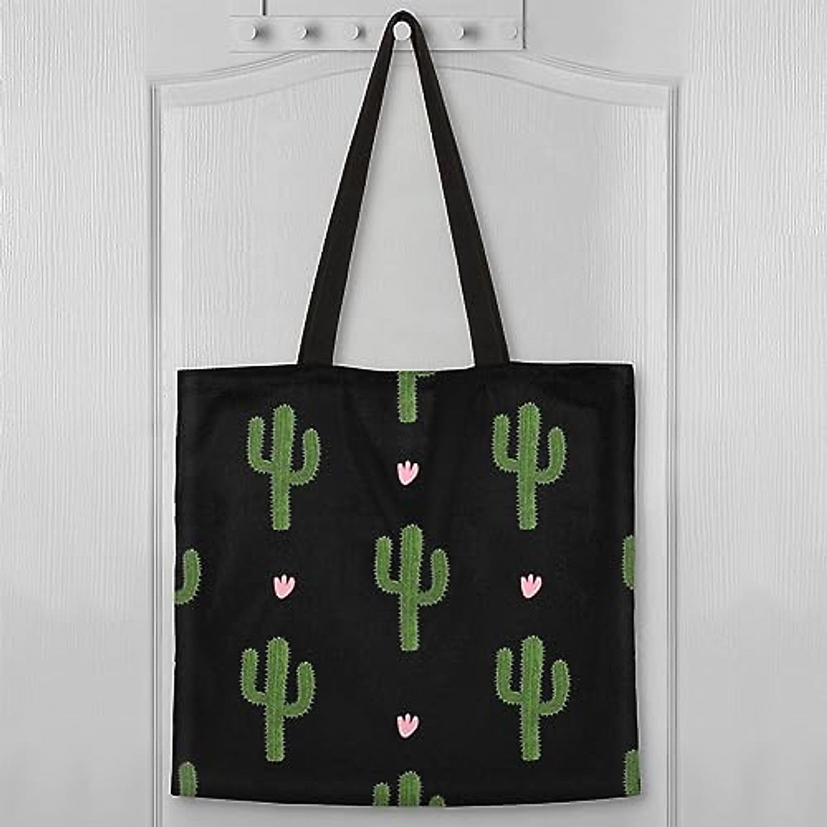 QsirBC Love Cactus Canvas Tote Bag for Women Reusable Shoulder Totebag with Pocket Casual Handbag for Shopping Work Travel Gift