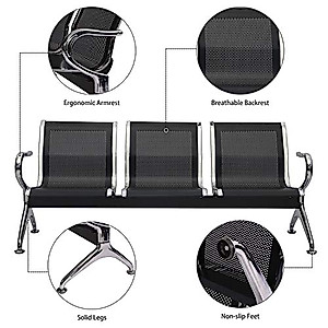 Kinsutie Waiting Room Chair with Arms 3-Seat Airport Reception Bench for Business Hospital Market, Black