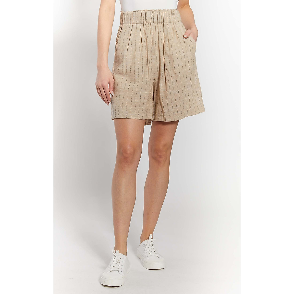 O A T NEW YORK Women's High Rise Pull On Bermuda Shorts with Elastic Waistband and Functional Pockets, Beige/Brown Stripe, Large