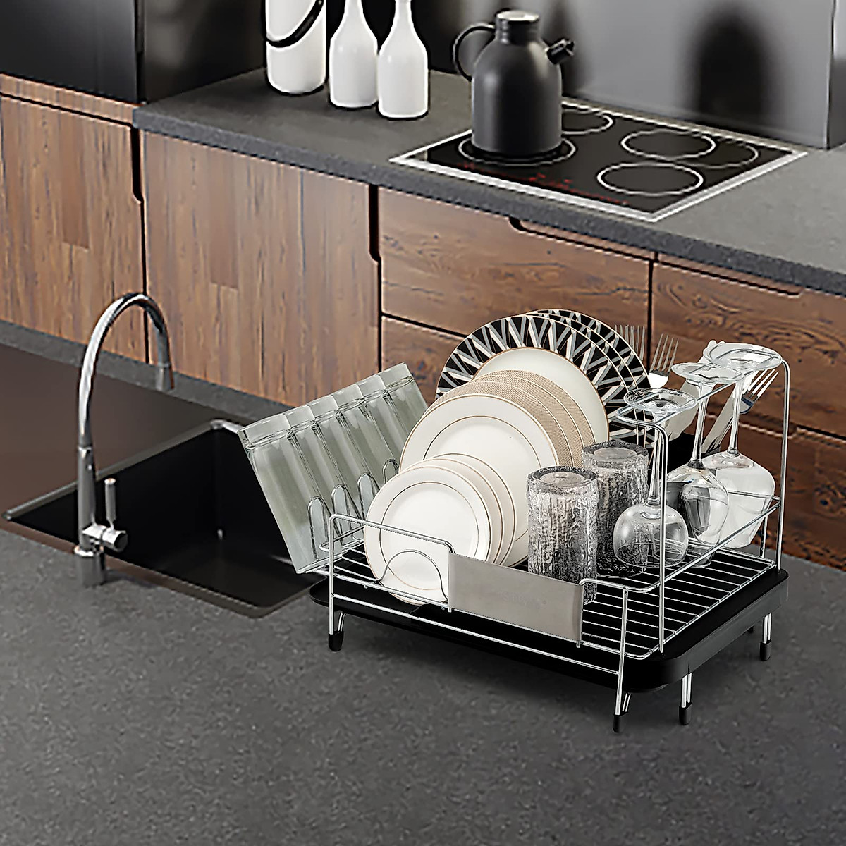 Giantex Stainless Steel Dish Rack, Expandable Dish Drainer Rack with Cutlery Cup Glass Holder, Removable Drip Tray, 360-Degree Swiveling Spout, Rust Proof Dish Dryer Rack for Kitchen Counter