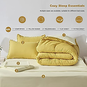 GRT Queen Bed in a Bag 7-Pieces Reversible Comforter Set Queen, Pom Pom Fringe Bedding Comforter Set Yellow Bed Set with Comforter, Pillow Shams, Flat Sheet, Fitted Sheet and Pillowcases